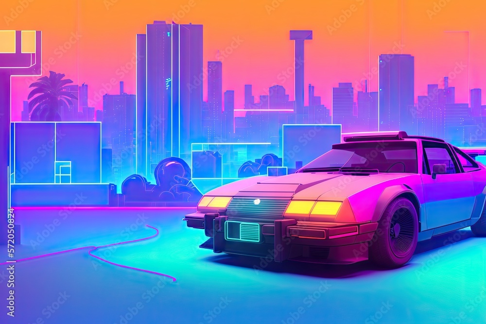 80s retro futuristic drive, vintage car. Synthwave sci-fi landscape ...