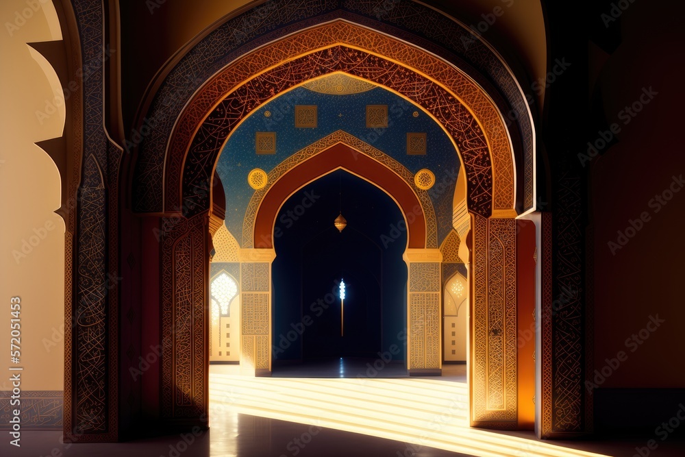 Islamic background painting. Mosque and shadows. Light rays from mosque ...