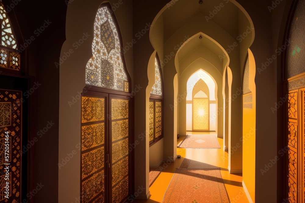 Islamic background painting. Mosque and shadows. Light rays from mosque ...