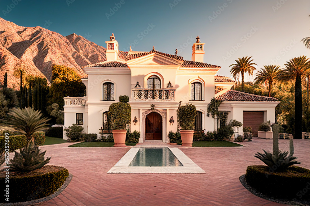 Luxury Villa exterior with swimming pool. Green garden and palm trees ...