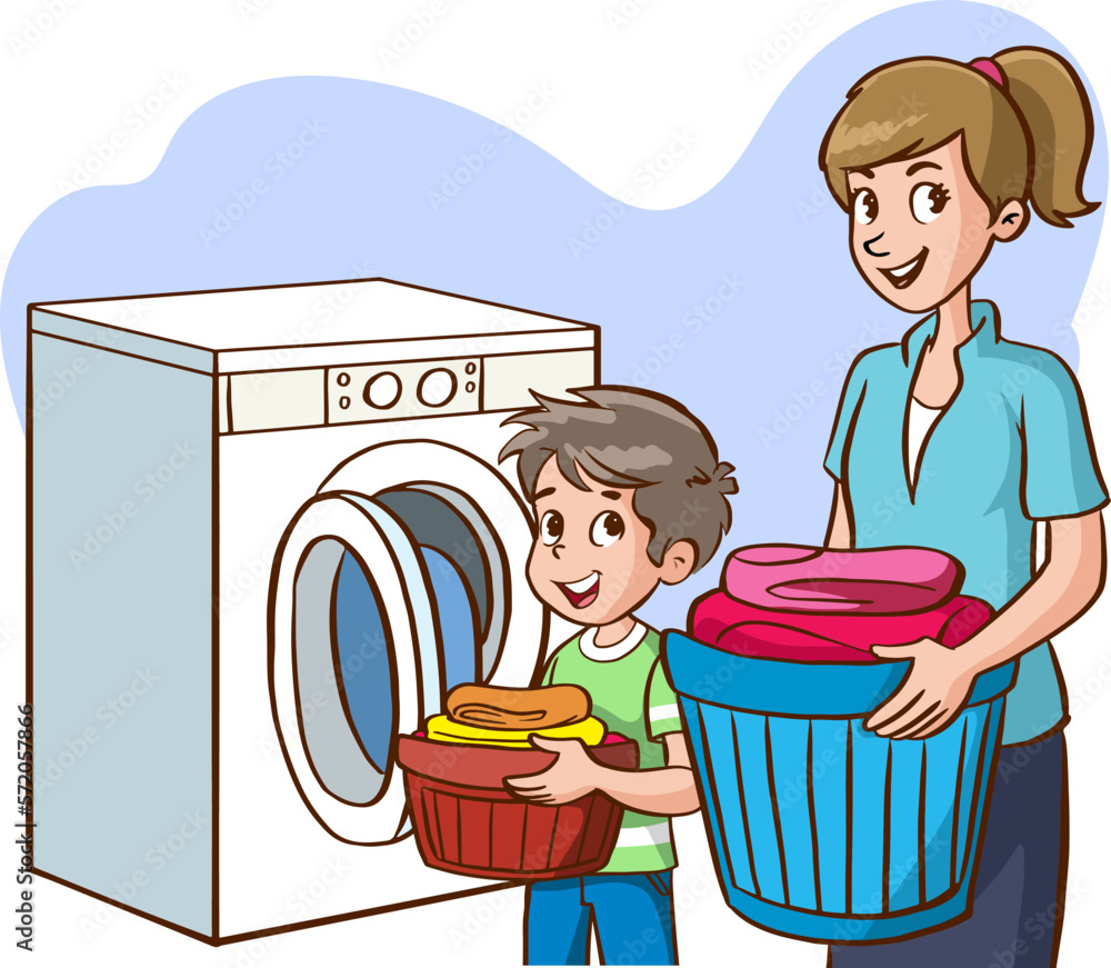 mother and daughter washing clothes in the washing machine cartoon ...