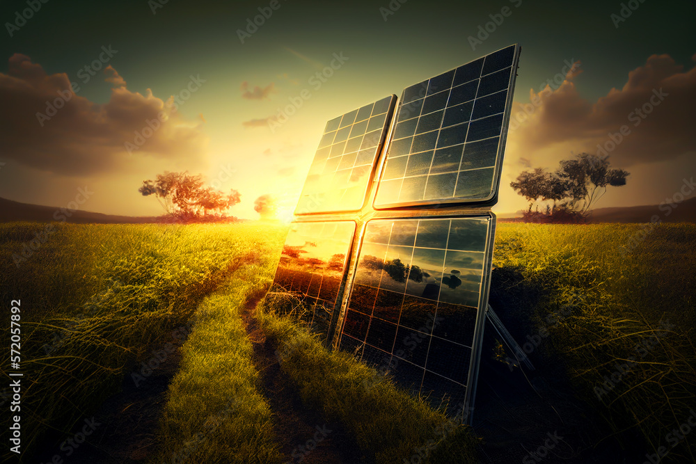 Solar panels in green field on sunset. Solar energy from solar panels ...