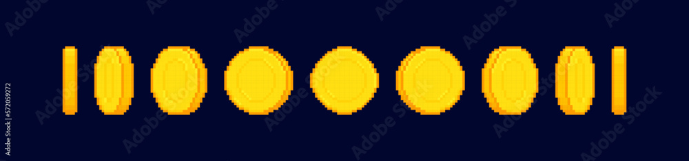 8-bit pixel art coin animation isolated on dark background. Pixel money ...