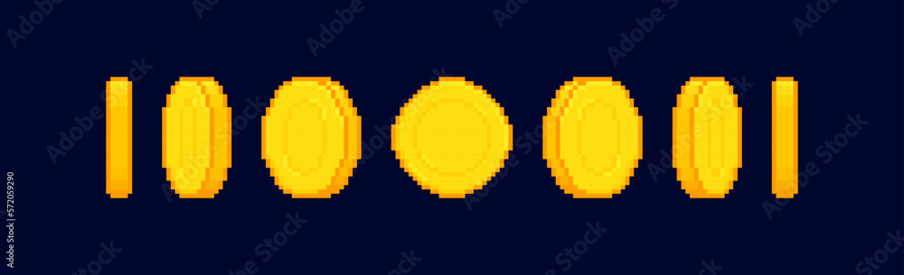 8-bit pixel art coin animation isolated on dark background. Pixel money ...
