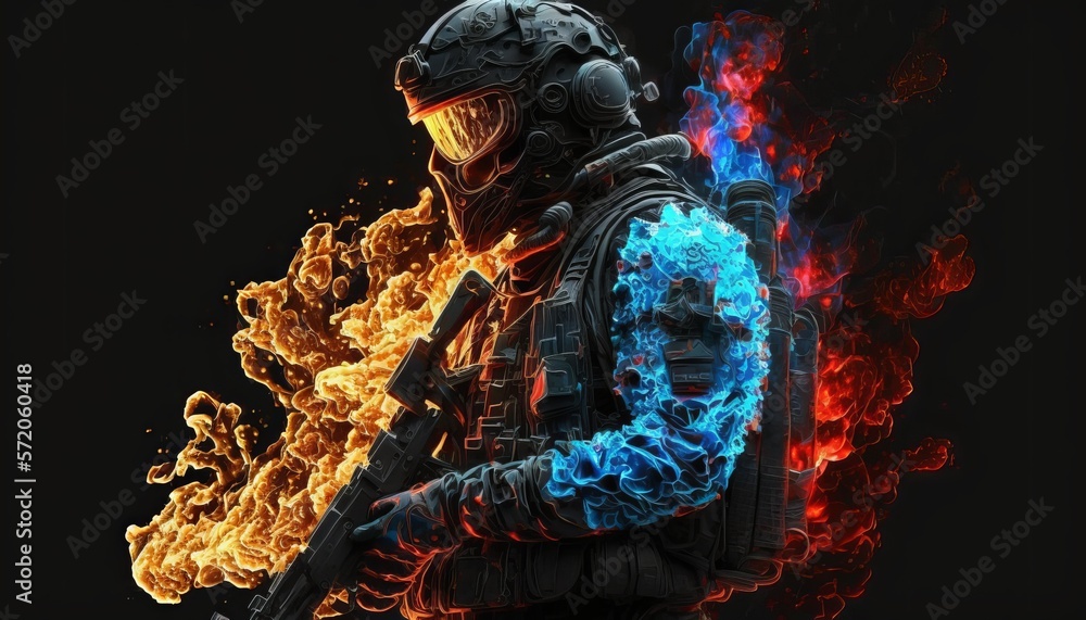 Futuristic special force soldier. Blue and Orange, yellow. Isolated on ...