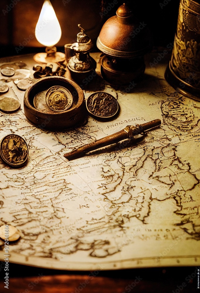 An ancient pirate map in the cabin of a pirate ship. Image of an ...