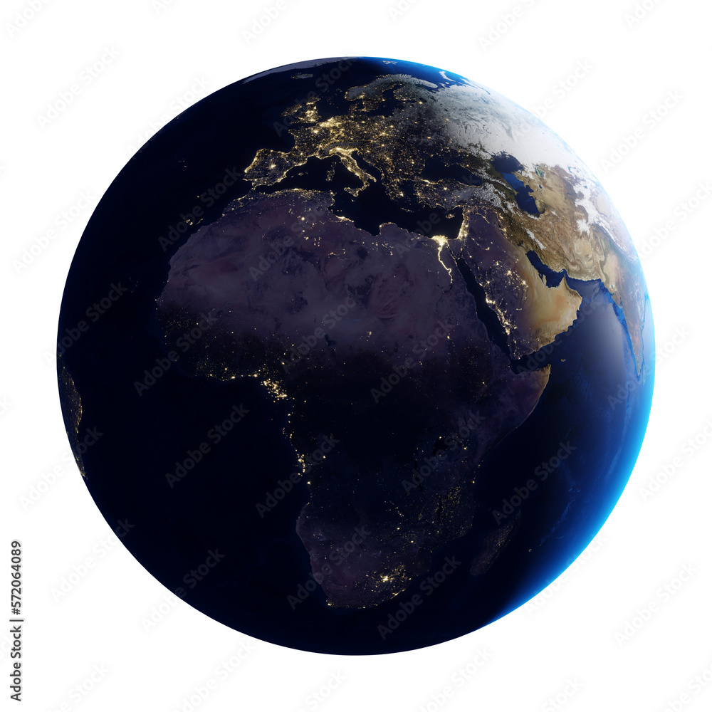 Detailed earth globe at night centered on Europe and Africa isolated on ...