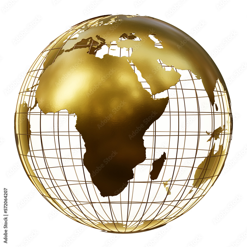 Stylized golden wireframe earth globe centered on Europe, Africa and ...