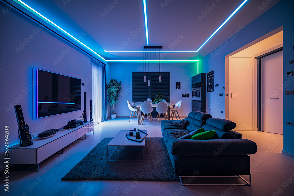 A modern and confortable living room illuminated by led strips ...