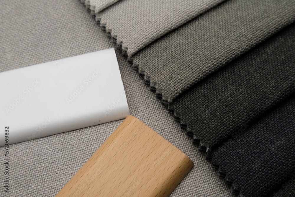 White and natural wood color on fabric swatches background. Selection ...