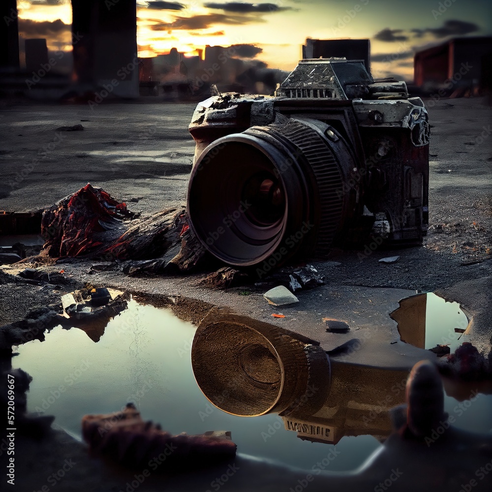 An old camera lying on the pavement against the backdrop of a ruined ...