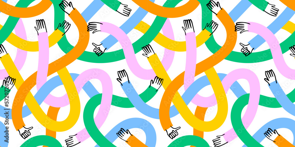 Diverse colorful people hands together seamless pattern illustration ...