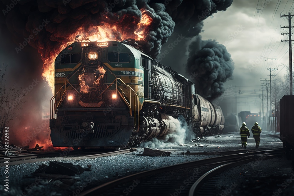 chaos on train explosion carrying toxic substances. Accident, tragedy ...