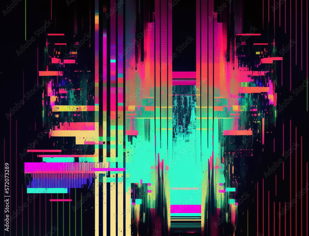 Digital glitch art image is an explosion of vibrant neon colors and ...