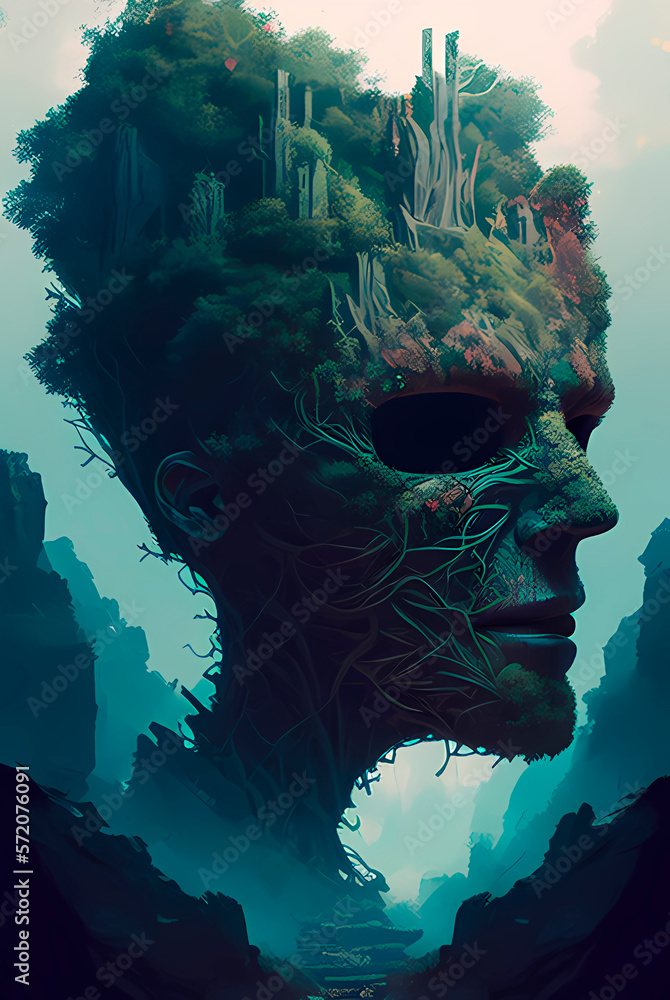 Ilustrace „Generative AI, a human skull and skeleton overgrown with ...