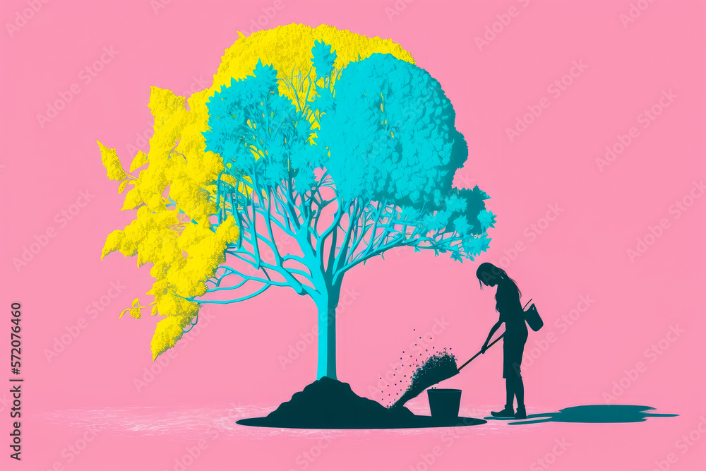The Silhouette of A woman planting a small tree with her hands and a ...