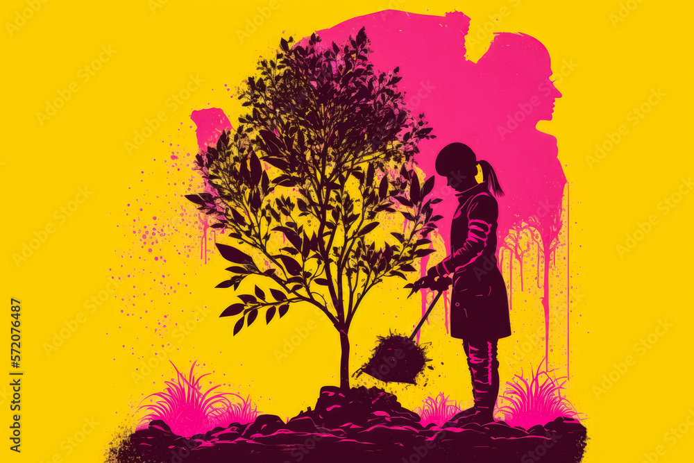The Silhouette of A woman planting a small tree with her hands and a ...