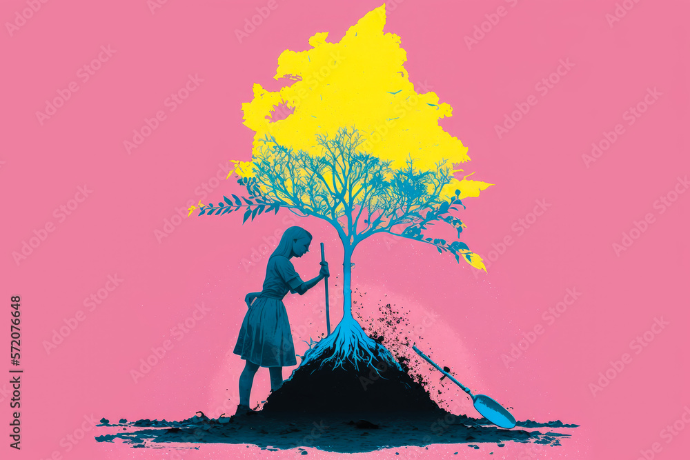 The Silhouette of A woman planting a small tree with her hands and a ...