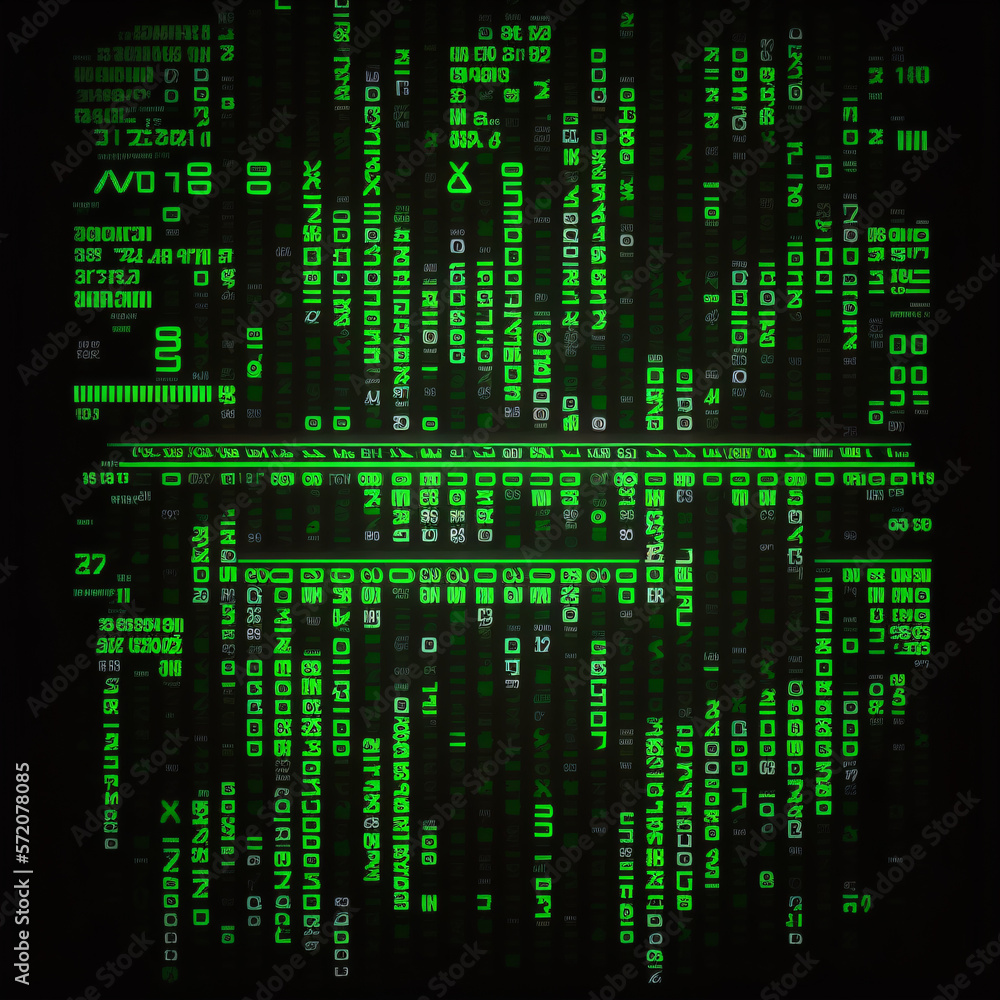 A black and green matrix code background with rows and columns of ...
