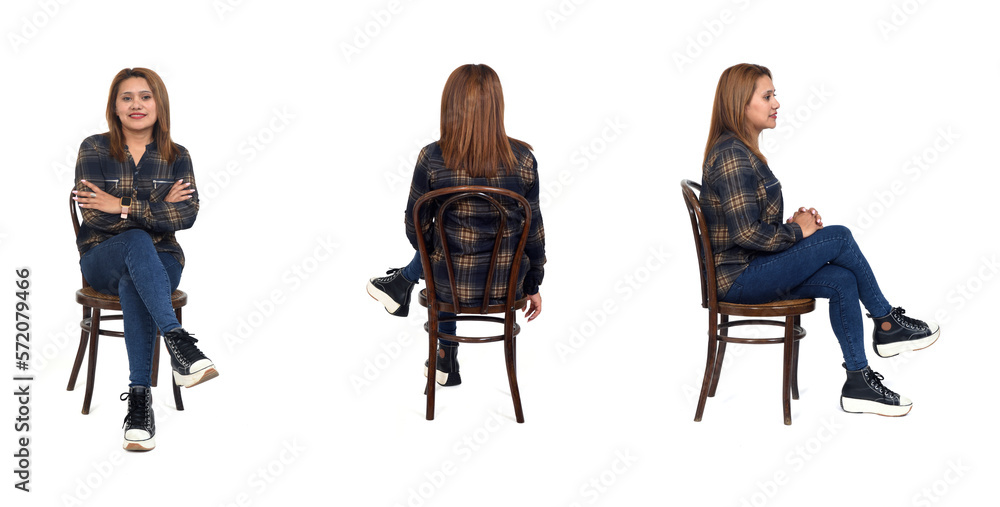 front,back and side view of same woman sitting on chair on white ...