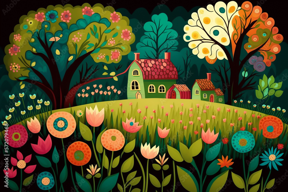 Cartoon illustration of a beautiful spring season with house, trees and ...