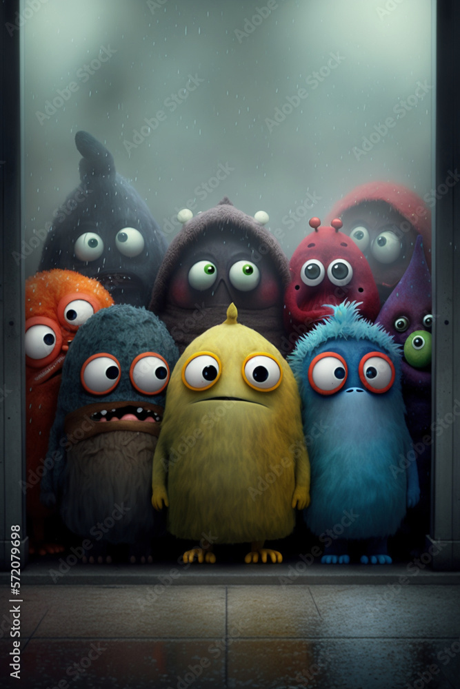A group of cute colorful alien monsters stuck at the bus stop waiting ...