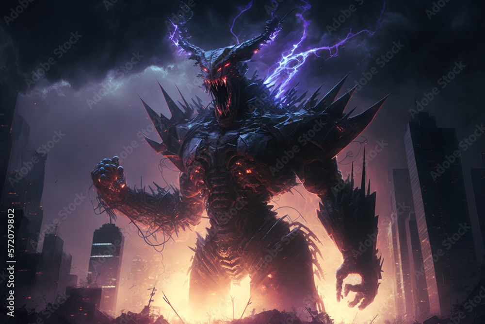 Huge scary alien nightmare monster creating lightning in the city ...