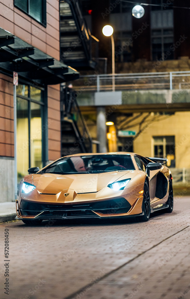 Seattle, WA, USA Feb 10, 2023 Lamborghini Aventador SVJ in gold Stock ...