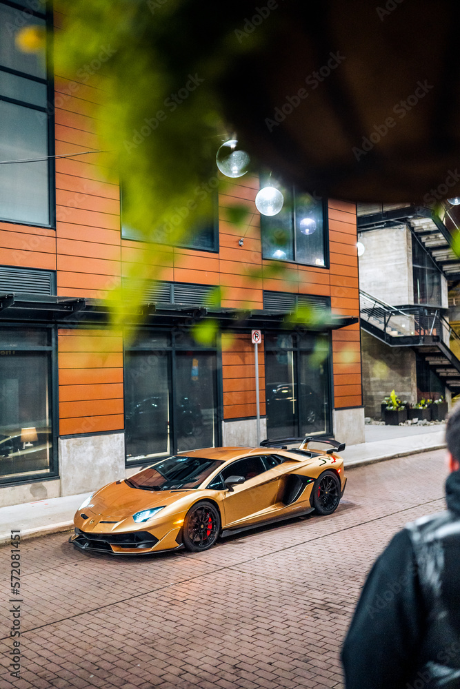 Seattle, WA, USA Feb 10, 2023 Lamborghini Aventador SVJ in gold Stock ...