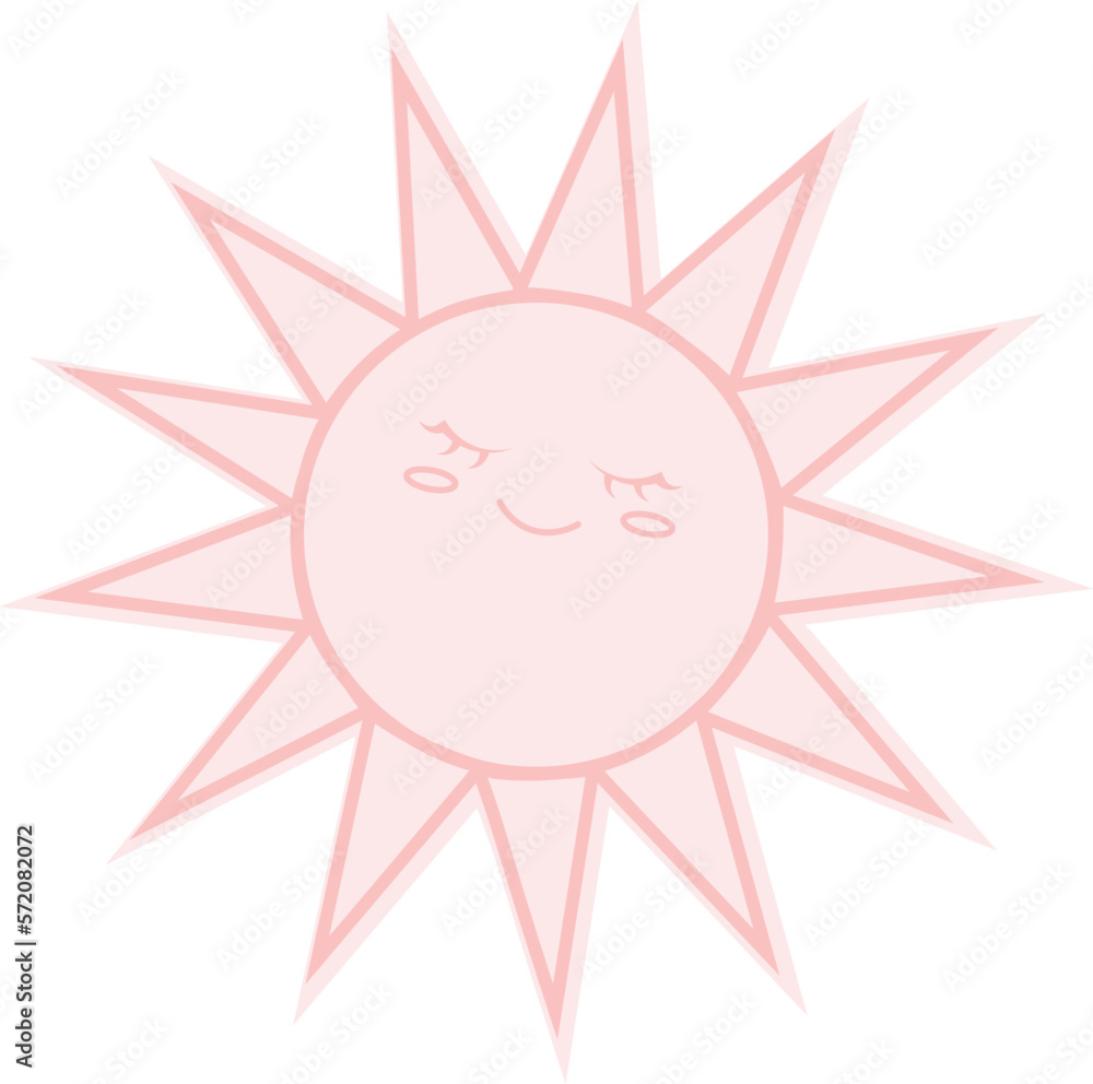 Cartoon illustration of smiling sun in pink color. lineal drawing. whit ...