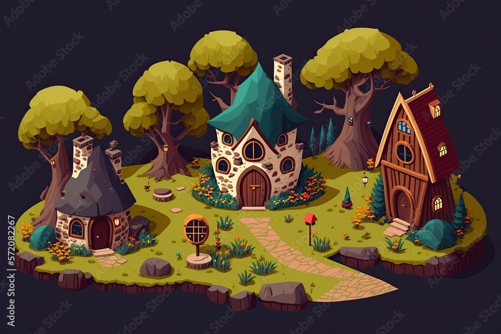 cartoon illustration, a forest village or valley with houses from fairy ...