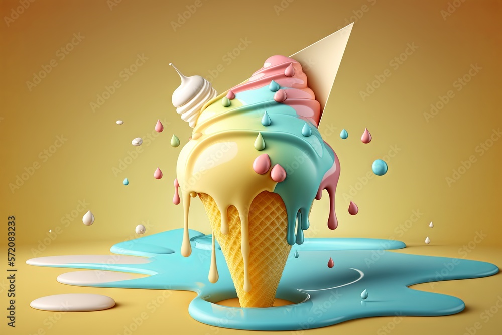 Helado de cucurucho sabor vainilla y fresa derritiendose, fondo de ...