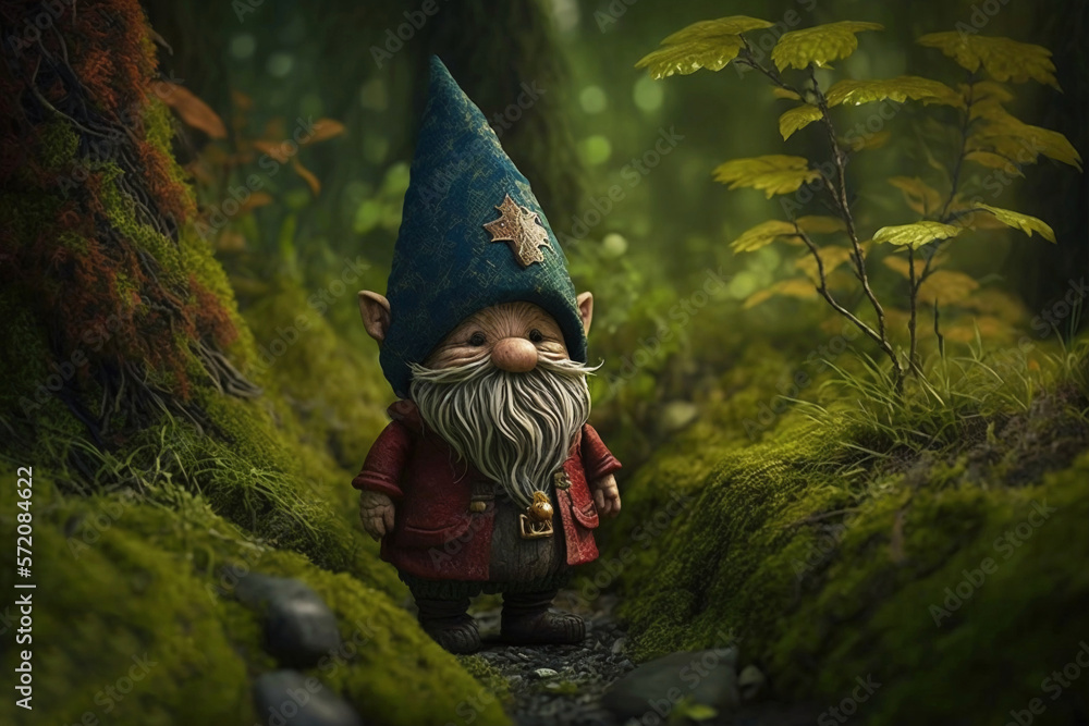 Little gnome in the forest. Elderly gnome walking down a mossy path ...
