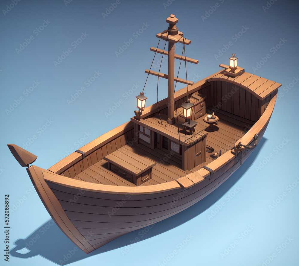 Small wooden fisherboat, 3d isometric reference model, AI generated ...