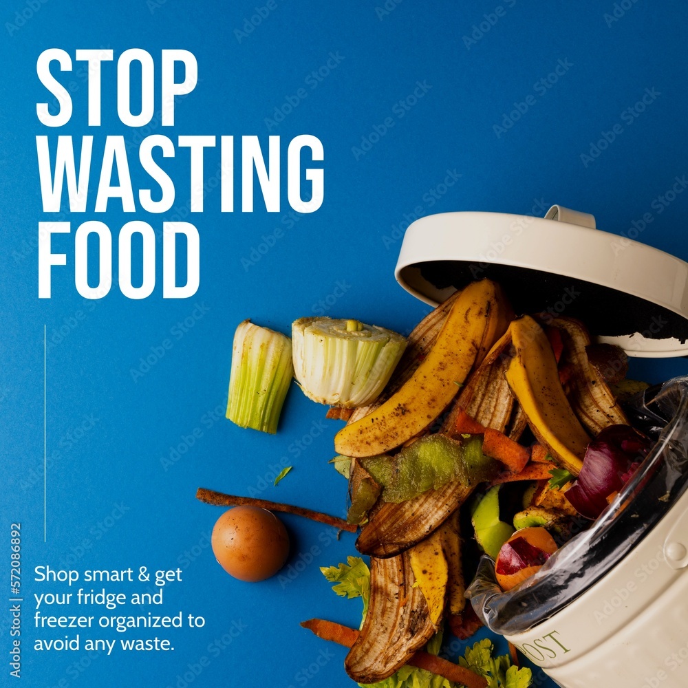 Composition of stop wasting food text over trash can with food waste ...