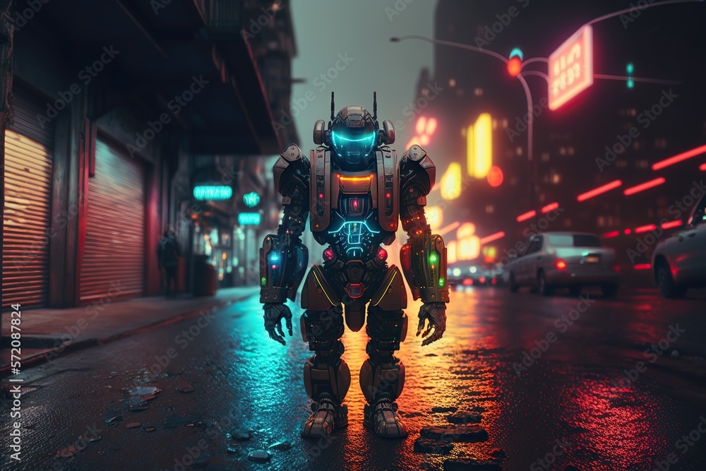 old, LITTLE and funny cut yellow scrap robot on the junkyard,full body,cyberpunk colored light ...