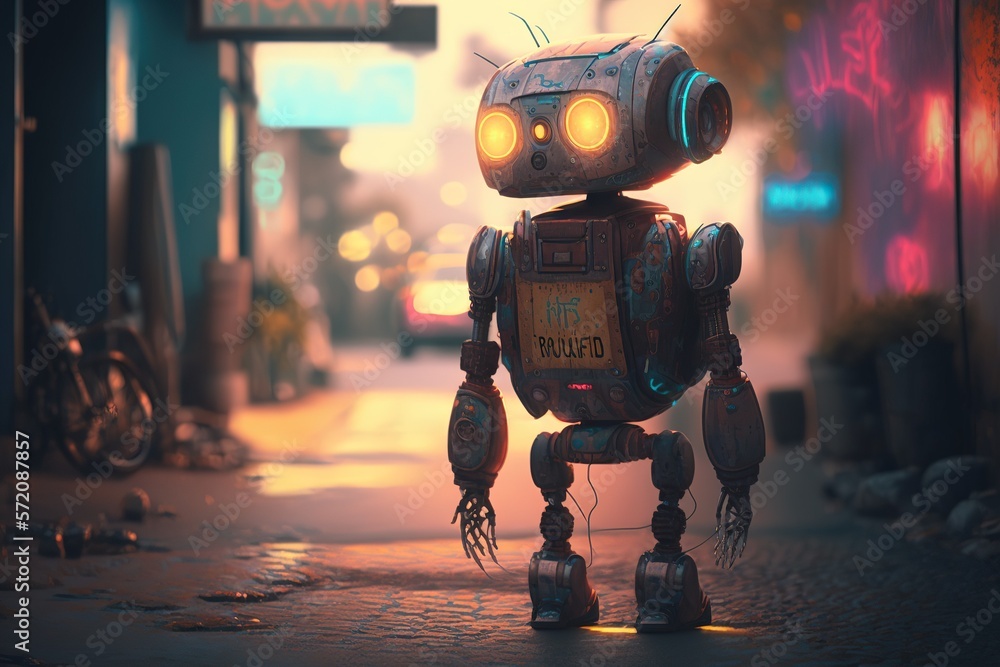 old, LITTLE and funny cut yellow scrap robot on the junkyard,full body,cyberpunk colored light ...