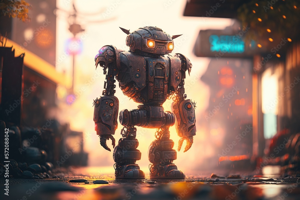 old, LITTLE and funny cut yellow scrap robot on the junkyard,full body,cyberpunk colored light ...