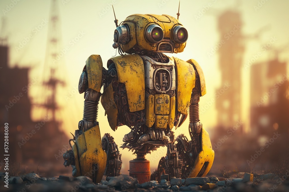 old, and funny cut yellow scrap robot on the junkyard Stock Illustration | Adobe Stock