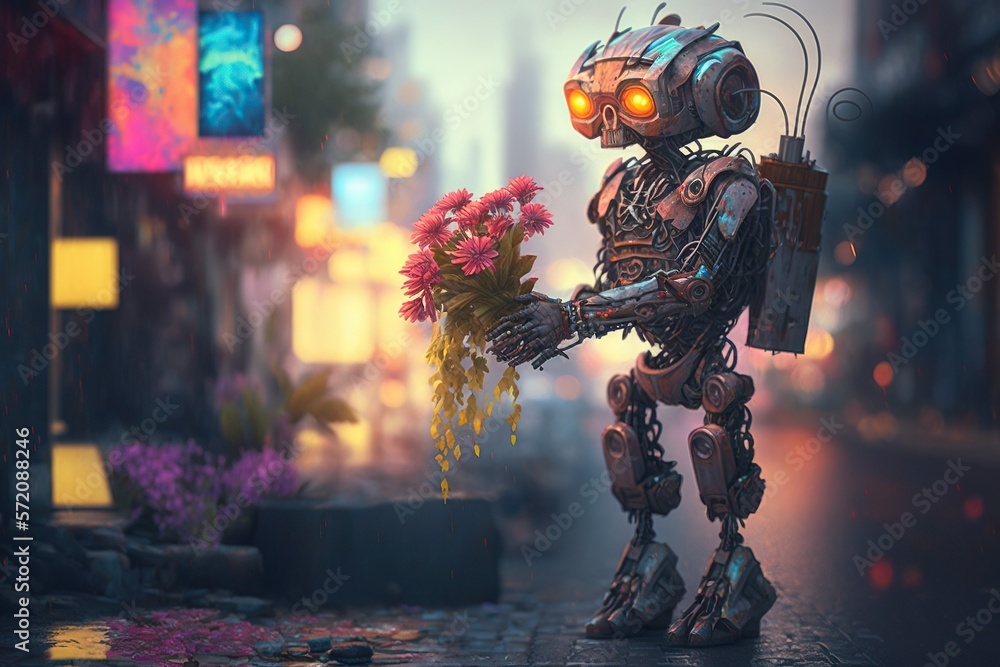 old, LITTLE and funny cut yellow scrap robot on the junkyard,full body,cyberpunk colored light ...