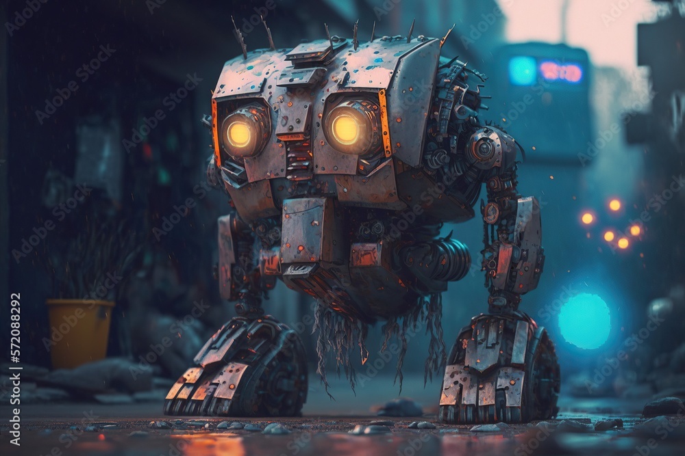 old, LITTLE and funny cut yellow scrap robot on the junkyard,full body,cyberpunk colored light ...