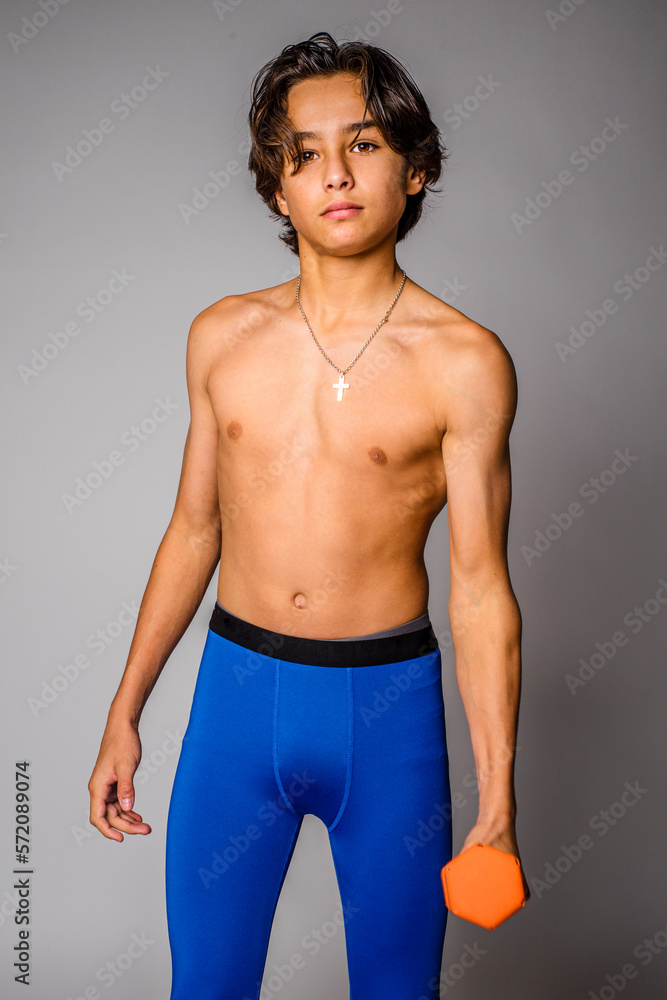 Youth Male Teen Boy Shirtless in Studio Working Out with Weight Stock Photo | Adobe Stock
