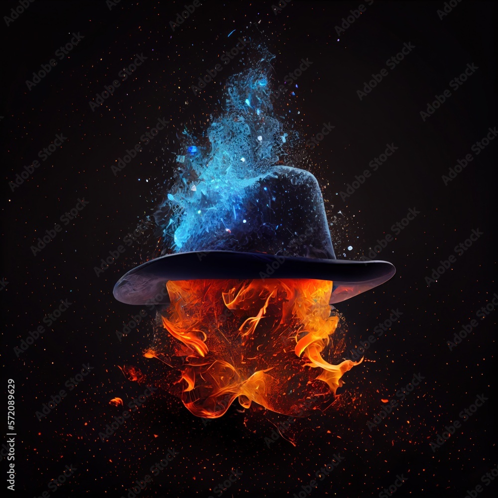 A hat in the clash of ice and fire on black background. Fire flames and ...