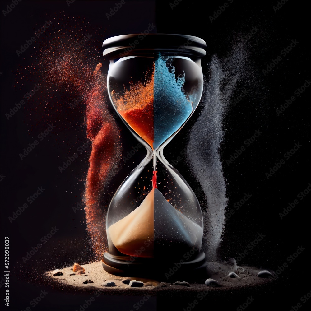 Sand clock with ice and fire sand on black background. Sandy texture ...