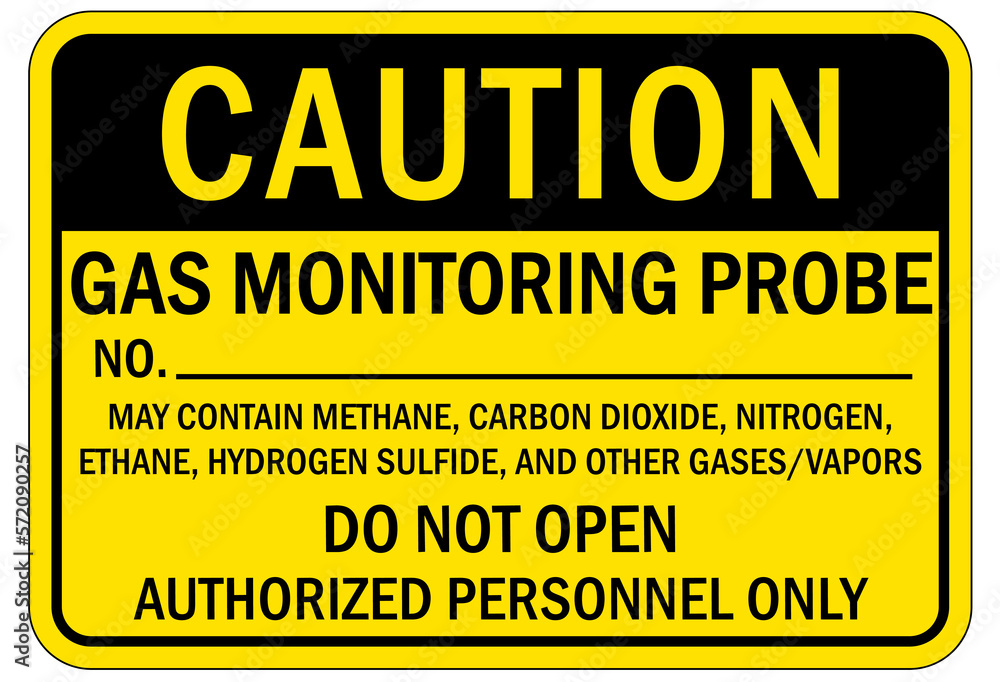Pipeline sign and labels gas monitoring probe. May contain methane ...