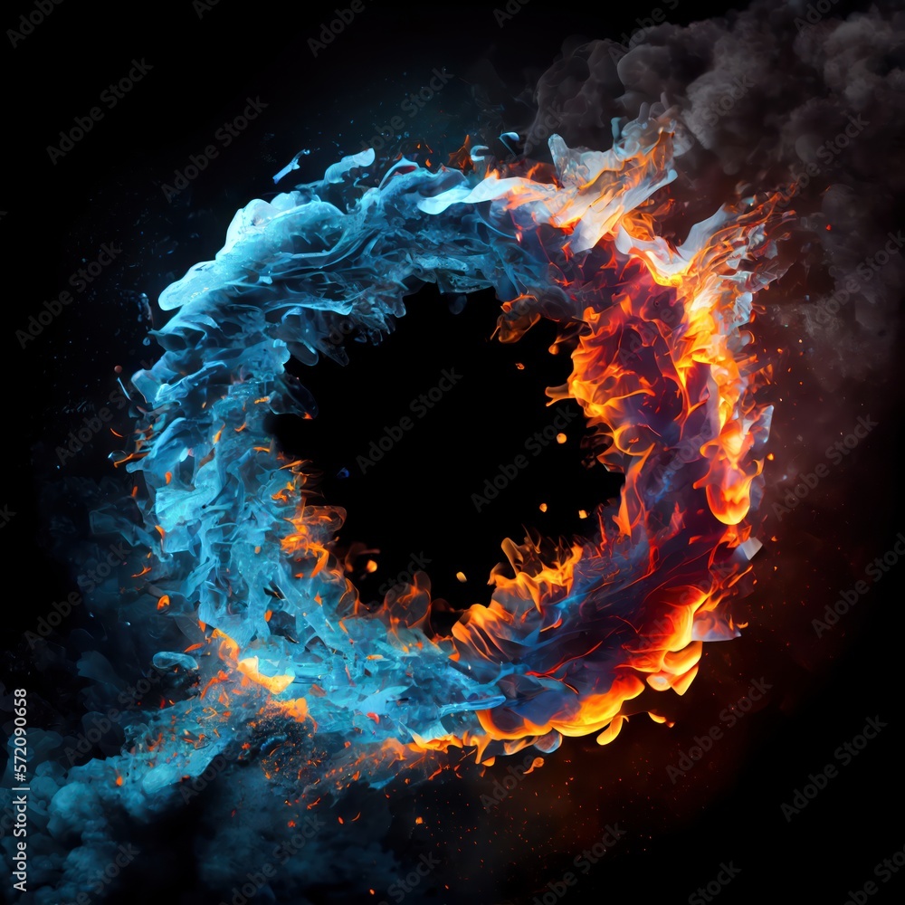 A circle in the clash of ice and fire on black background. Fire flames ...
