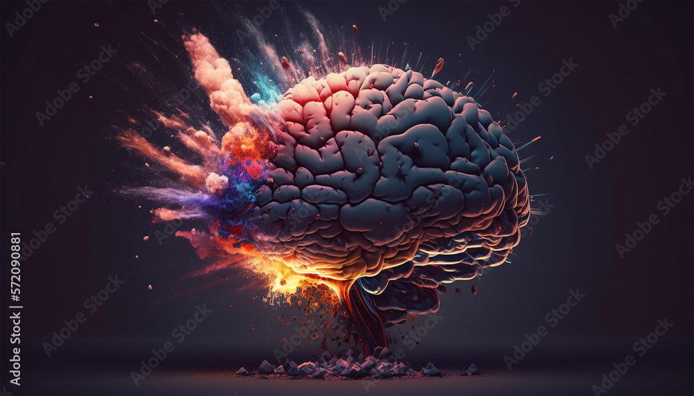 Concept art of a human brain exploding with knowledge and creativity ...