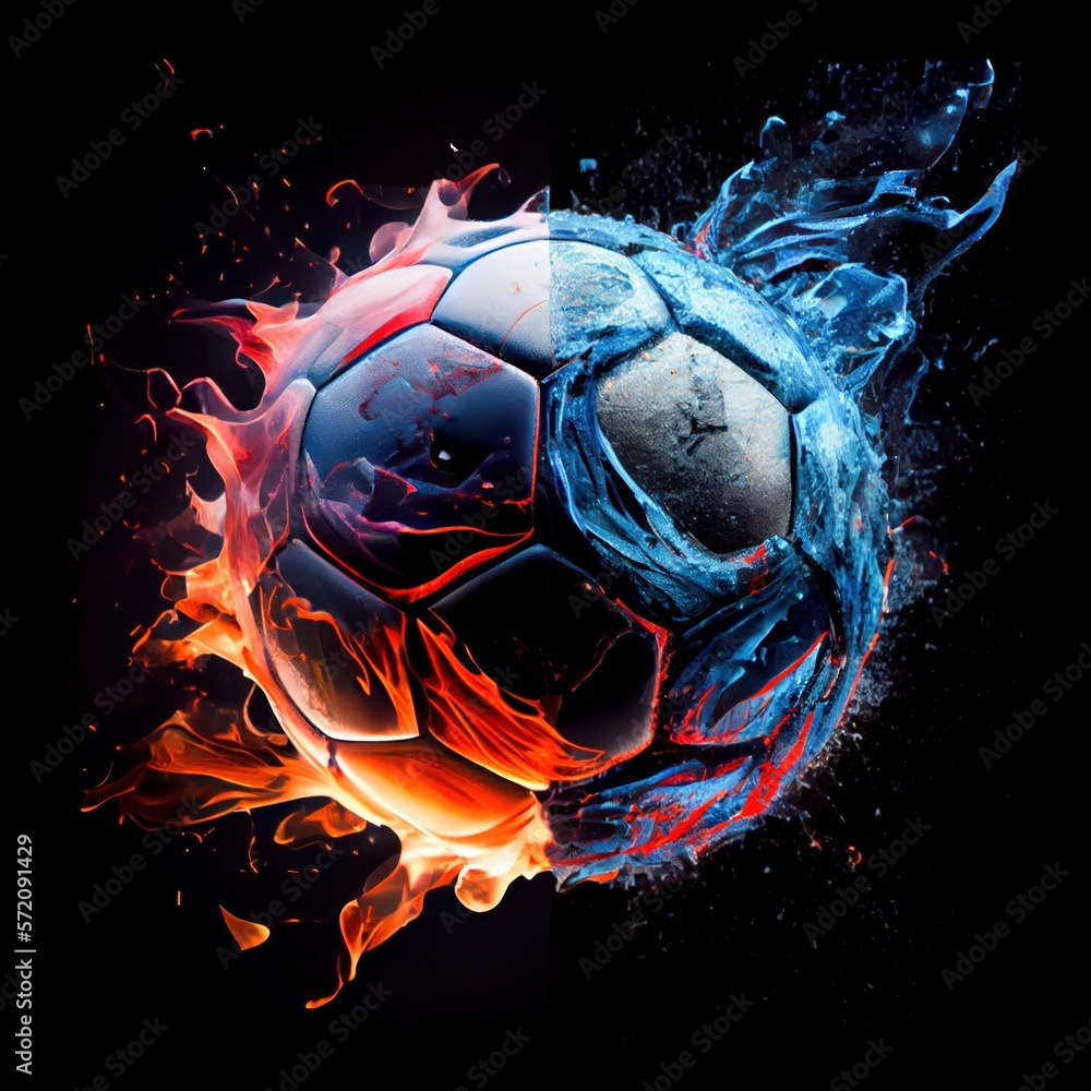 A soccer ball in the clash of ice and fire on black background. Fire ...