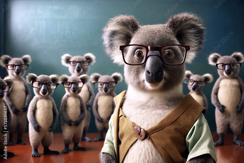 Happy koala with glasses dressed as a teacher stands i, concept of ...