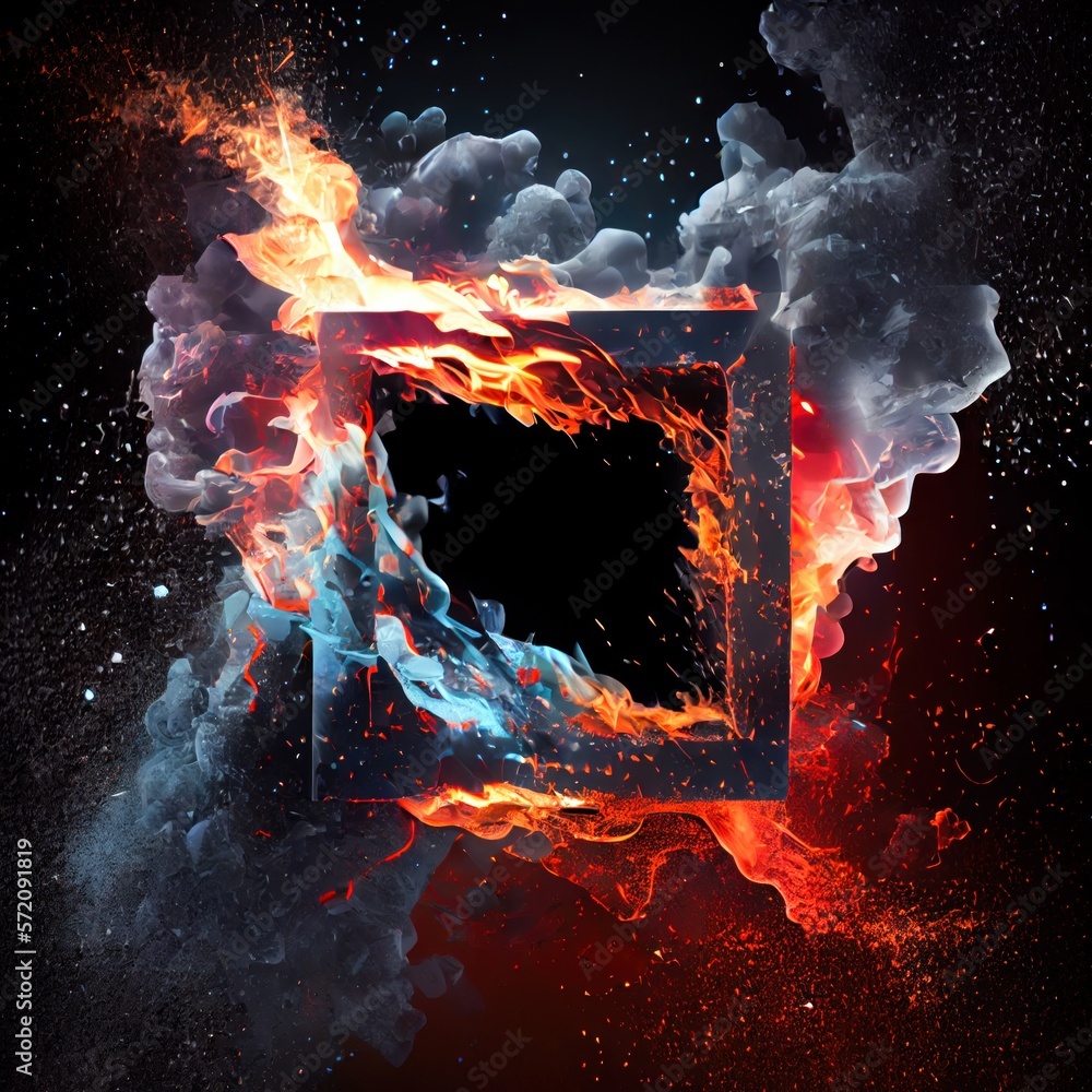 A square frame in the clash of ice and fire on black background. Fire ...